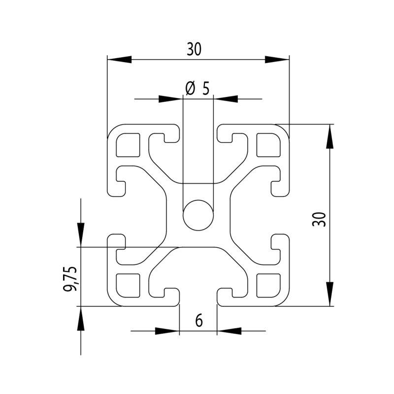 Profile 30x30 leicht per meter +/- 5 mm, I-Type, slot 6, 11,27